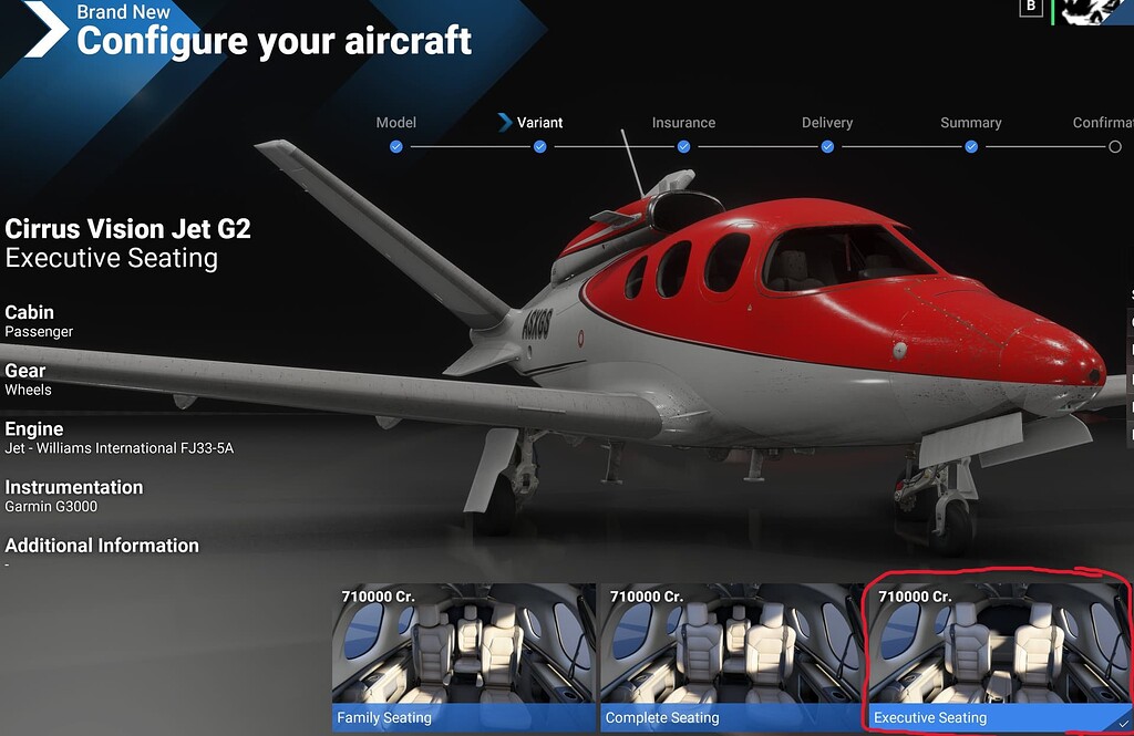 Career mode aircraft purchase: plane configuration changes (example ...