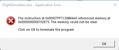 MSFS Application Error - memory could not be read - #167 by skyarrow1 - Resolved - Microsoft ...