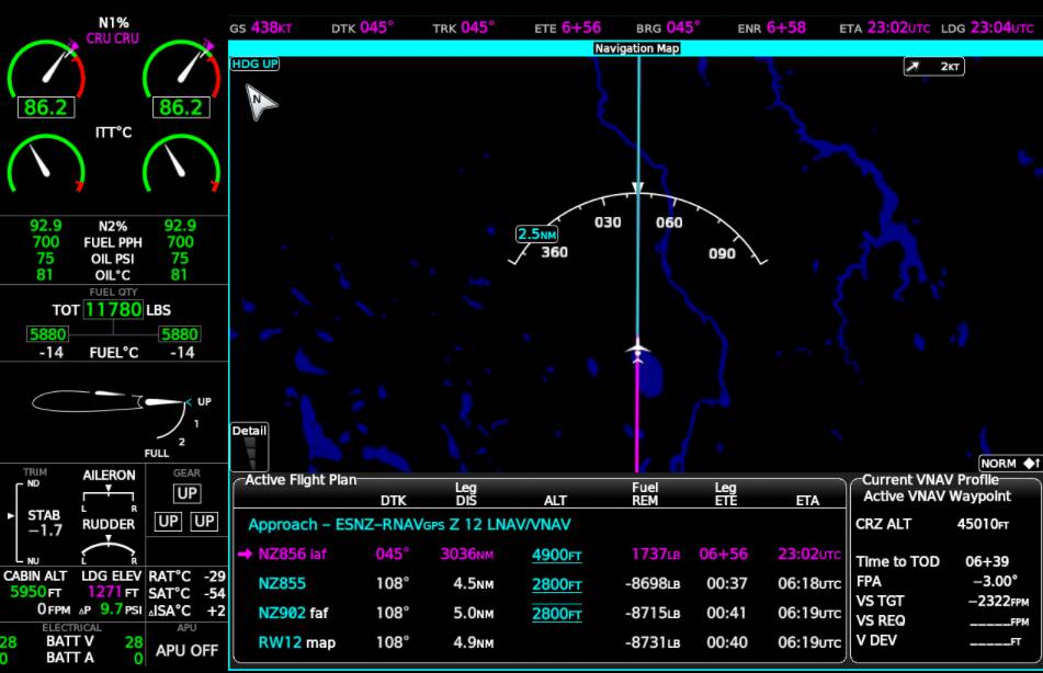 Longitude/G5000 fuel computation on long route with no intermediate waypoints to FAF is (way ...