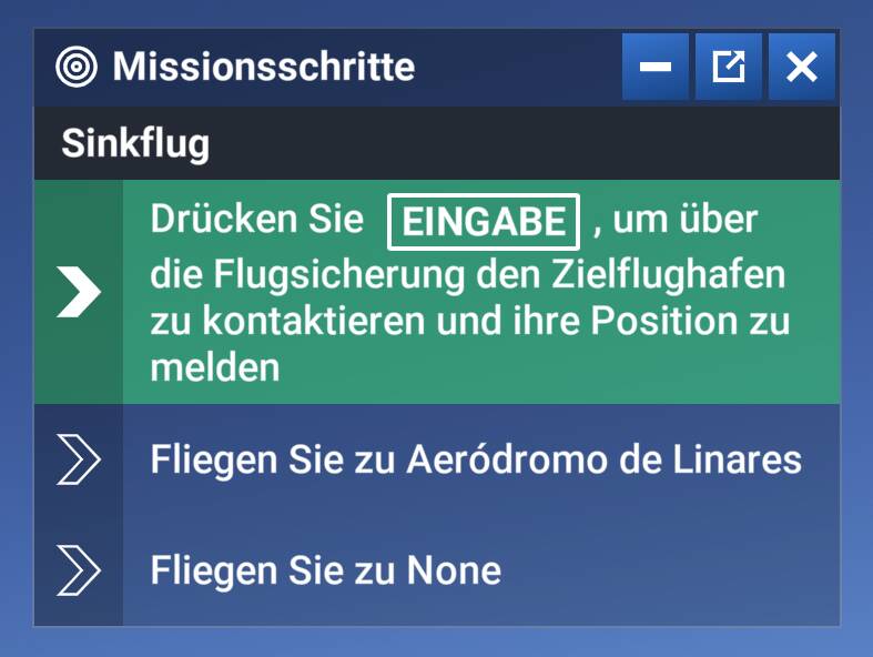 "Fliegen Sie zu None" (flight to None) in mission steps window ...