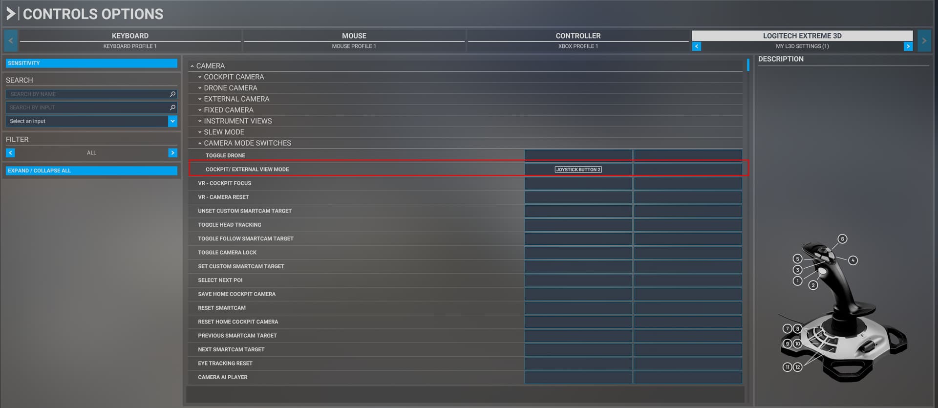 Switching between Cockpit View and Exterior View using a MS Sidewinder ...